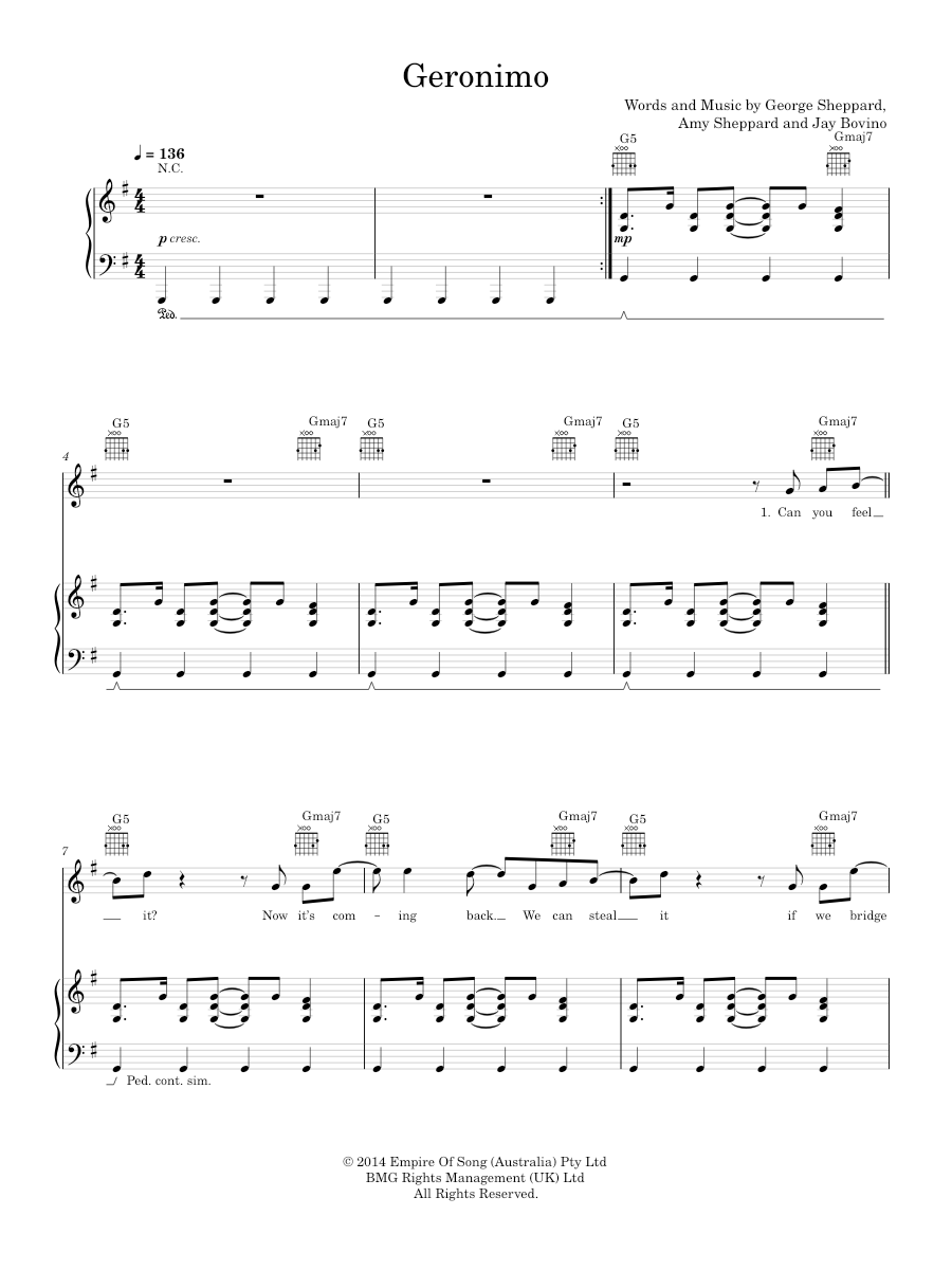geronimo Sheet music for Piano, Vocals by Sheppard: Music Notes by ...