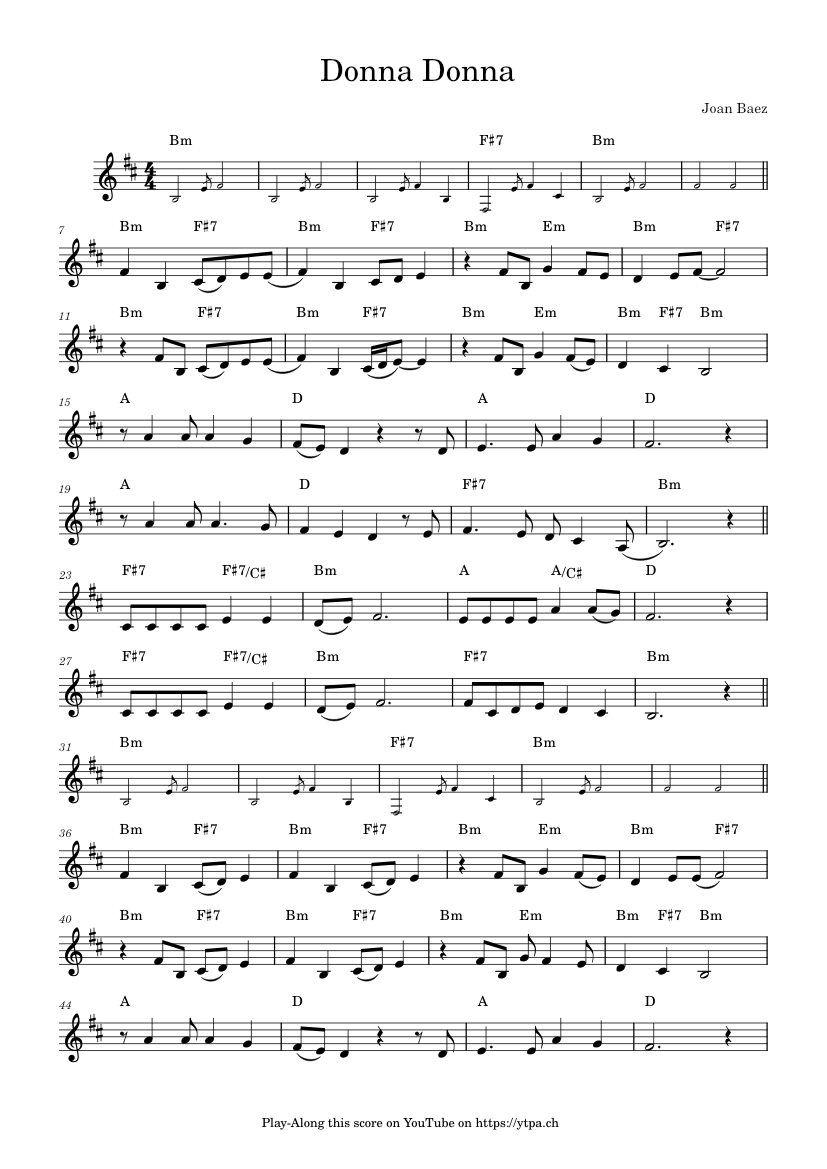 Donna Donna - Joan Baez Sheet Music with Chords for Piano (Solo) easy ...