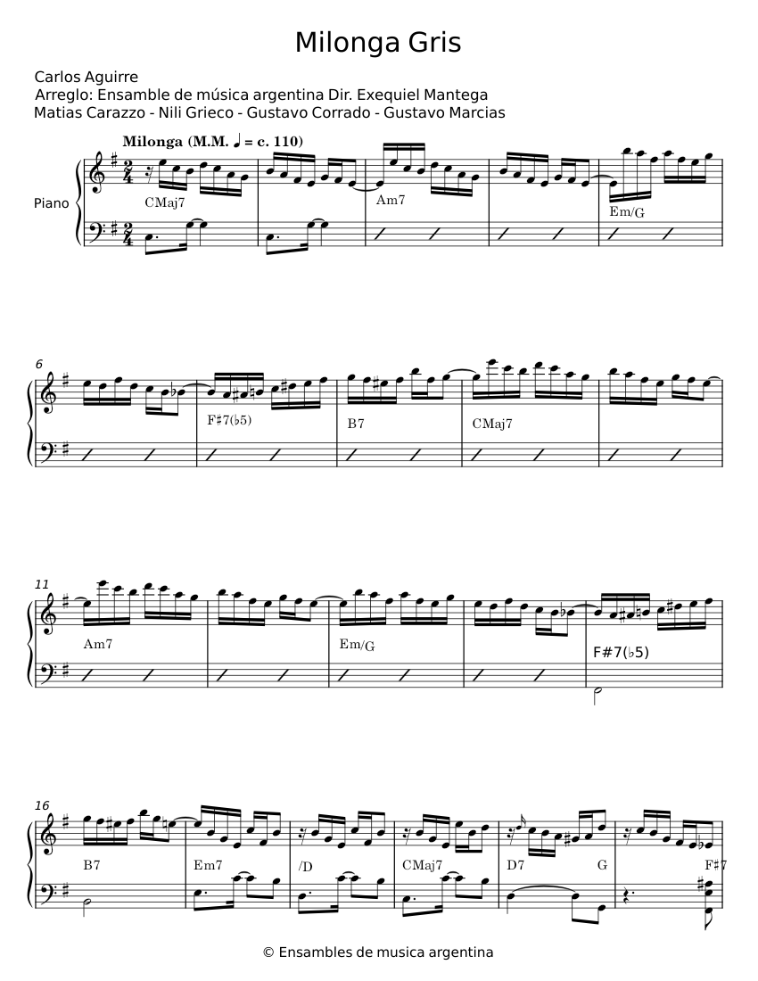 Milonga gris - Carlos Aguirre Sheet Music with Chords for Piano (Solo) | MuseScore.com