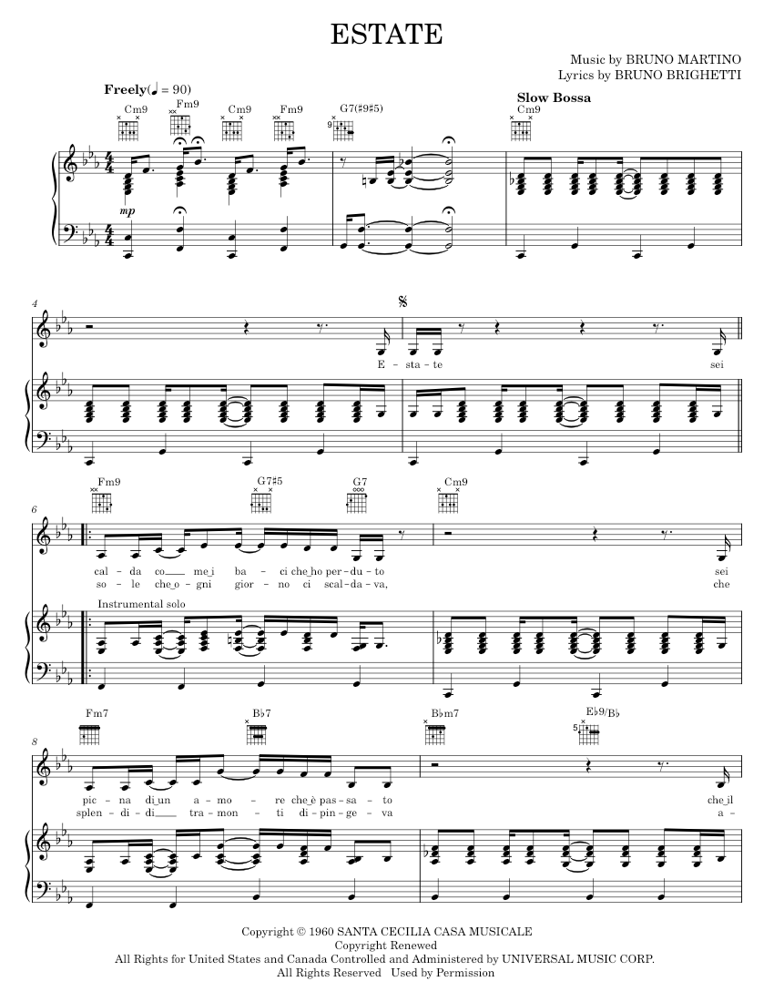 Play Official version of Estate sheet music by Bruno Martino, John ...