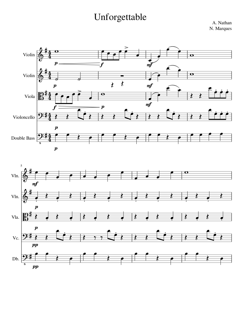 Unforgettable - Nat King Cole Sheet music for Piano, Contrabass, Violin ...