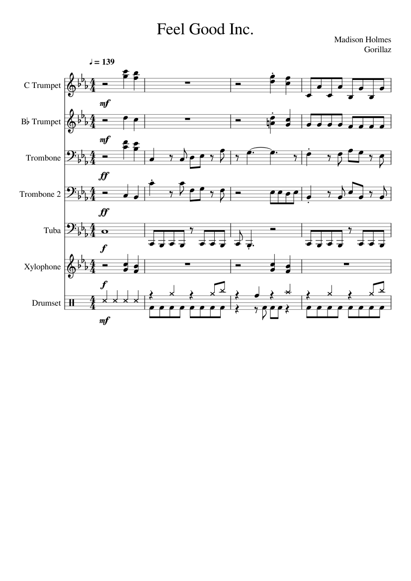 Feel Good Inc. Sheet Music for Trombone, Cornet, Tuba, Drum group ...