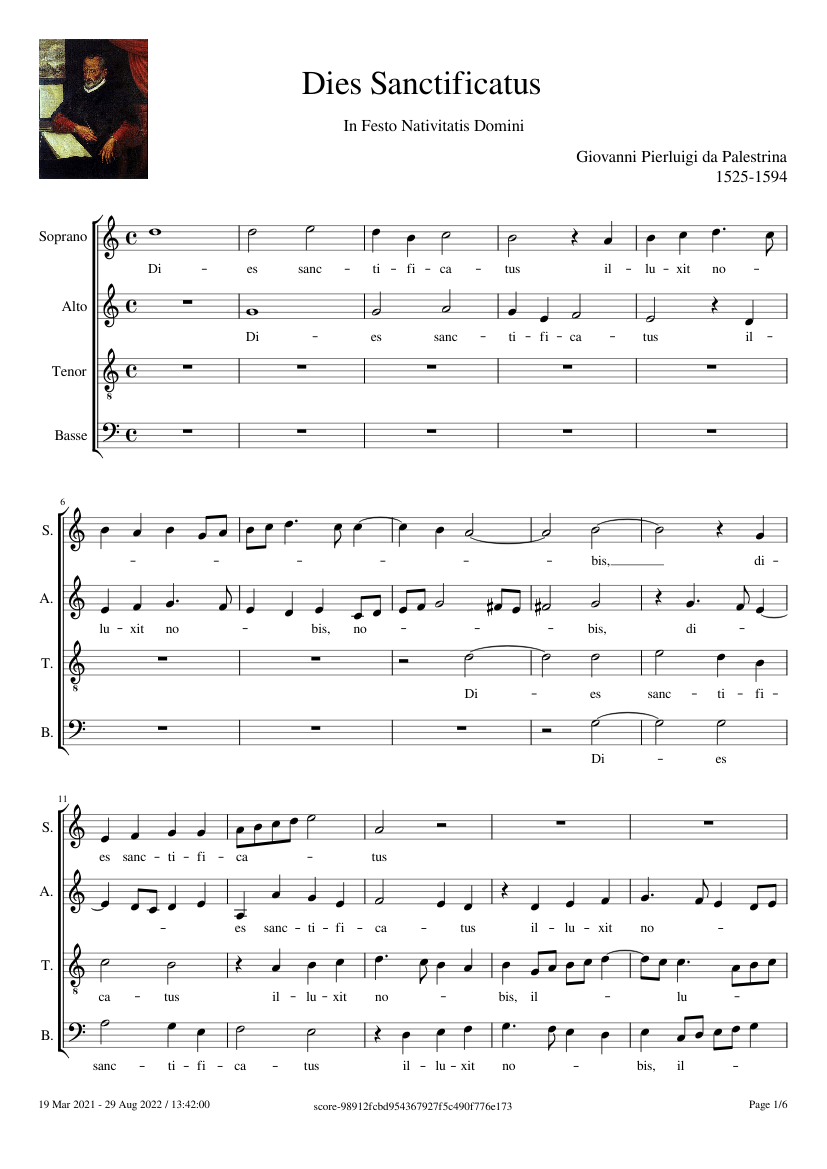 Dies Sanctificatus – Giovanni Pierluigi da Palestrina Sheet Music for Soprano, Alto, Tenor, Bass ...