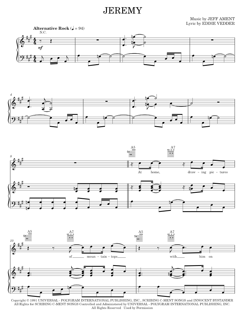 Play Official version of Jeremy sheet music by Pearl Jam for Piano, Vocals | MuseScore.com