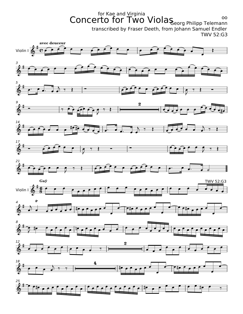 Concerto for 2 Violas, TWV 52:G3 - Georg Philipp Telemann Sheet Music ...