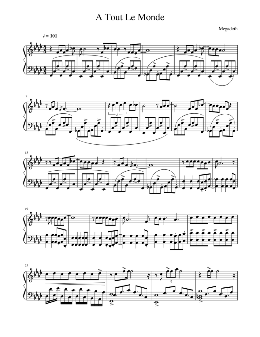 A Tout Le Monde Sheet music for Piano (Solo) | Download and print in ...
