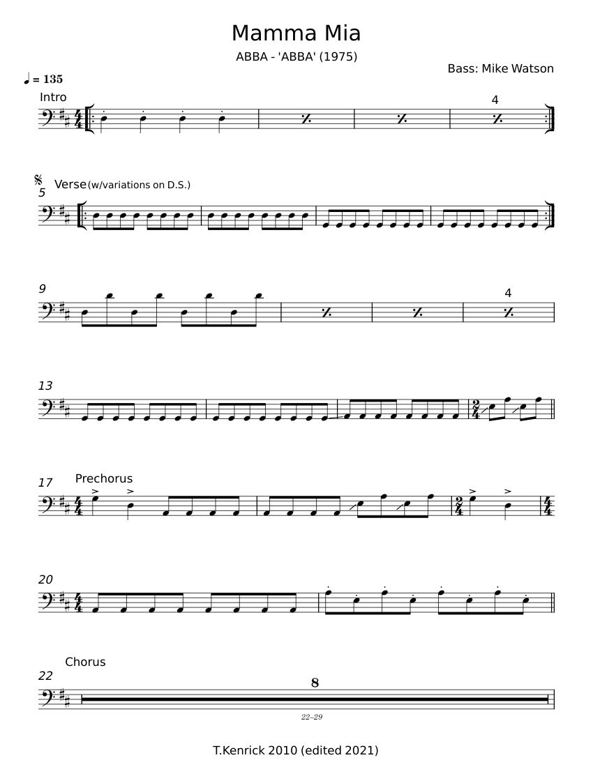 Mamma Mia - ABBA Sheet Music for Bass guitar (Solo) | MuseScore.com