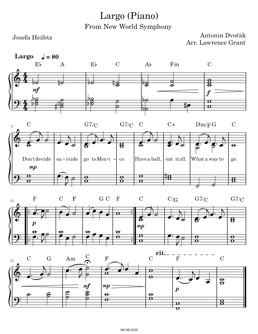 Largo from New World Symphony – Antonín Dvořák Sheet Music for Piano ...