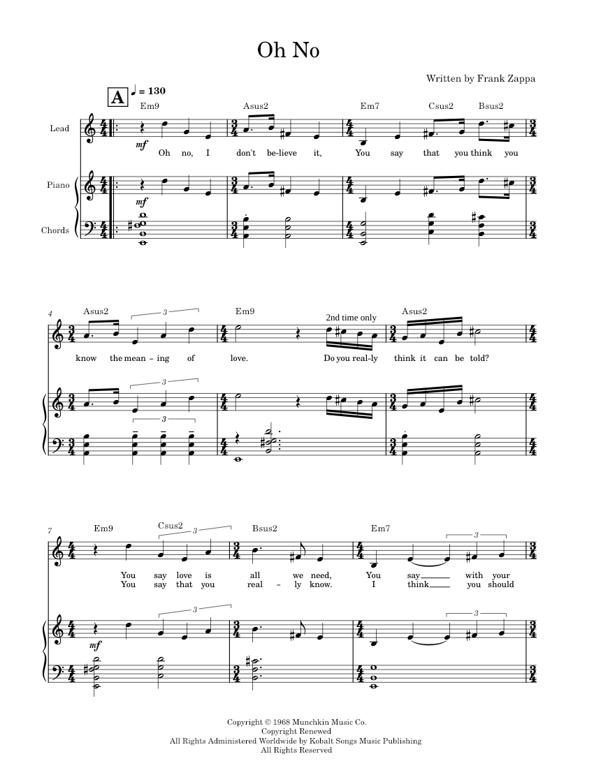 Oh No - Frank Zappa Parts One and Two Sheet music for Piano, Vibraphone ...