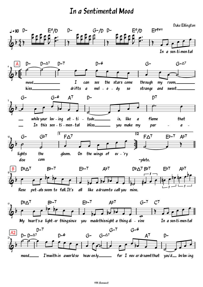 In a Sentimental Mood (lead sheet with lyrics ) Sheet Music with Chords ...