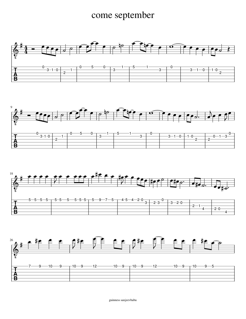 Come september theme – Bobby Darin Sheet music for Guitar (Solo ...