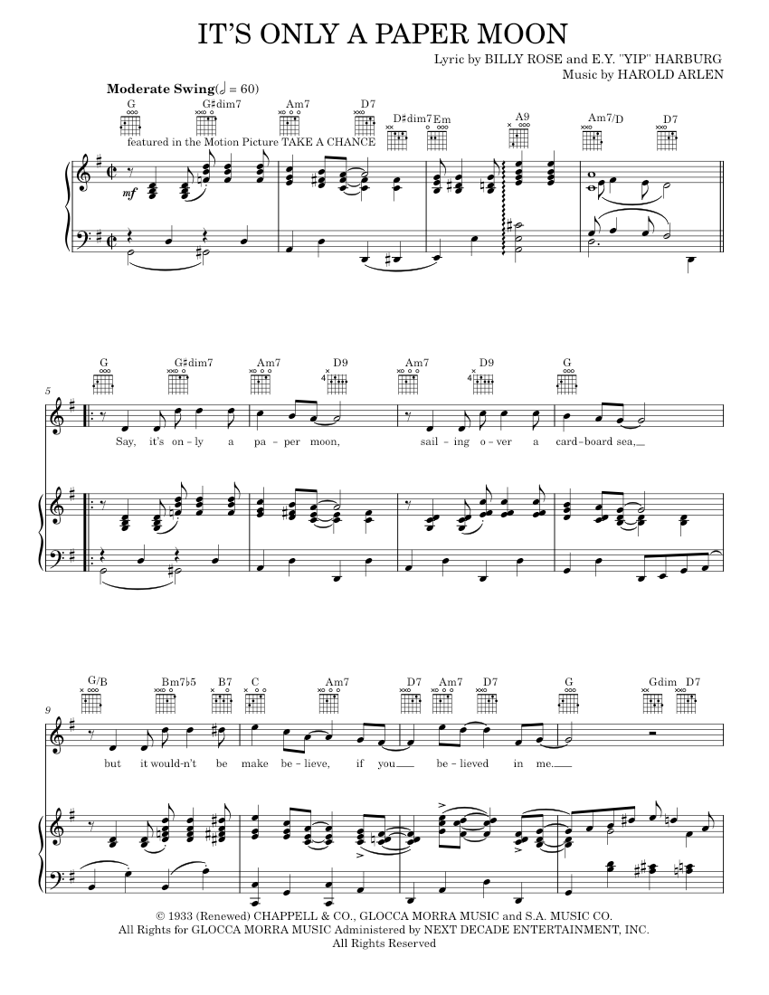 Play Official version of It's Only A Paper Moon Sheet Music by E.Y ...