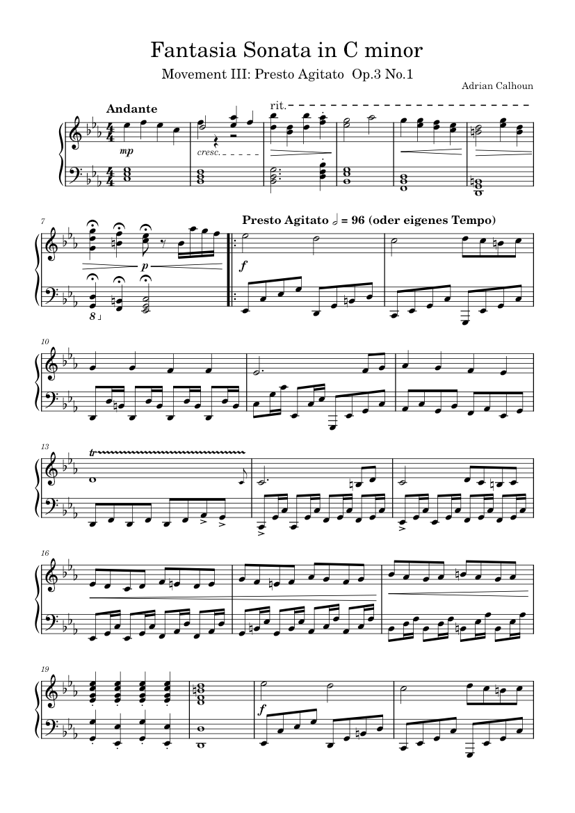 Fantasia Sonata in C minor Movement III: Presto Agitato Op.3 No.1 Sheet ...