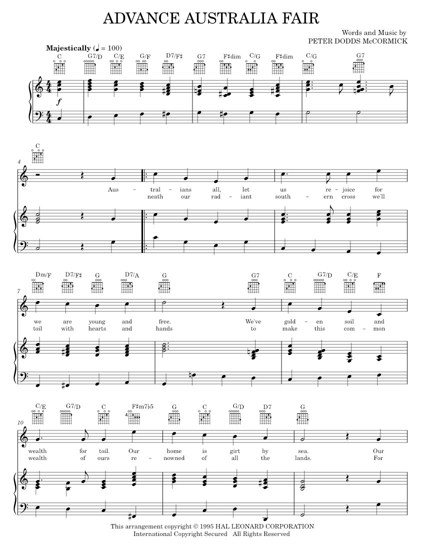 Play Official version of Advance australia fair Sheet Music by Peter ...