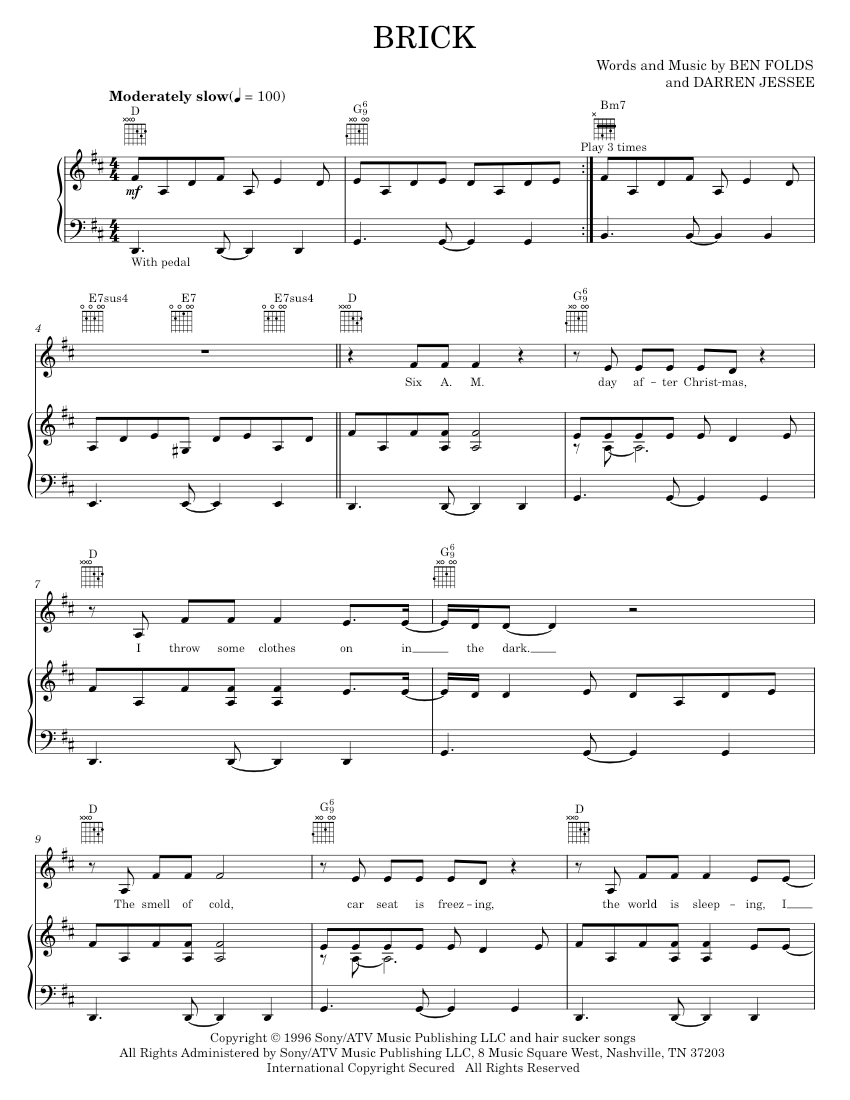 Play Official version of Brick sheet music by Ben Folds Five for Piano ...