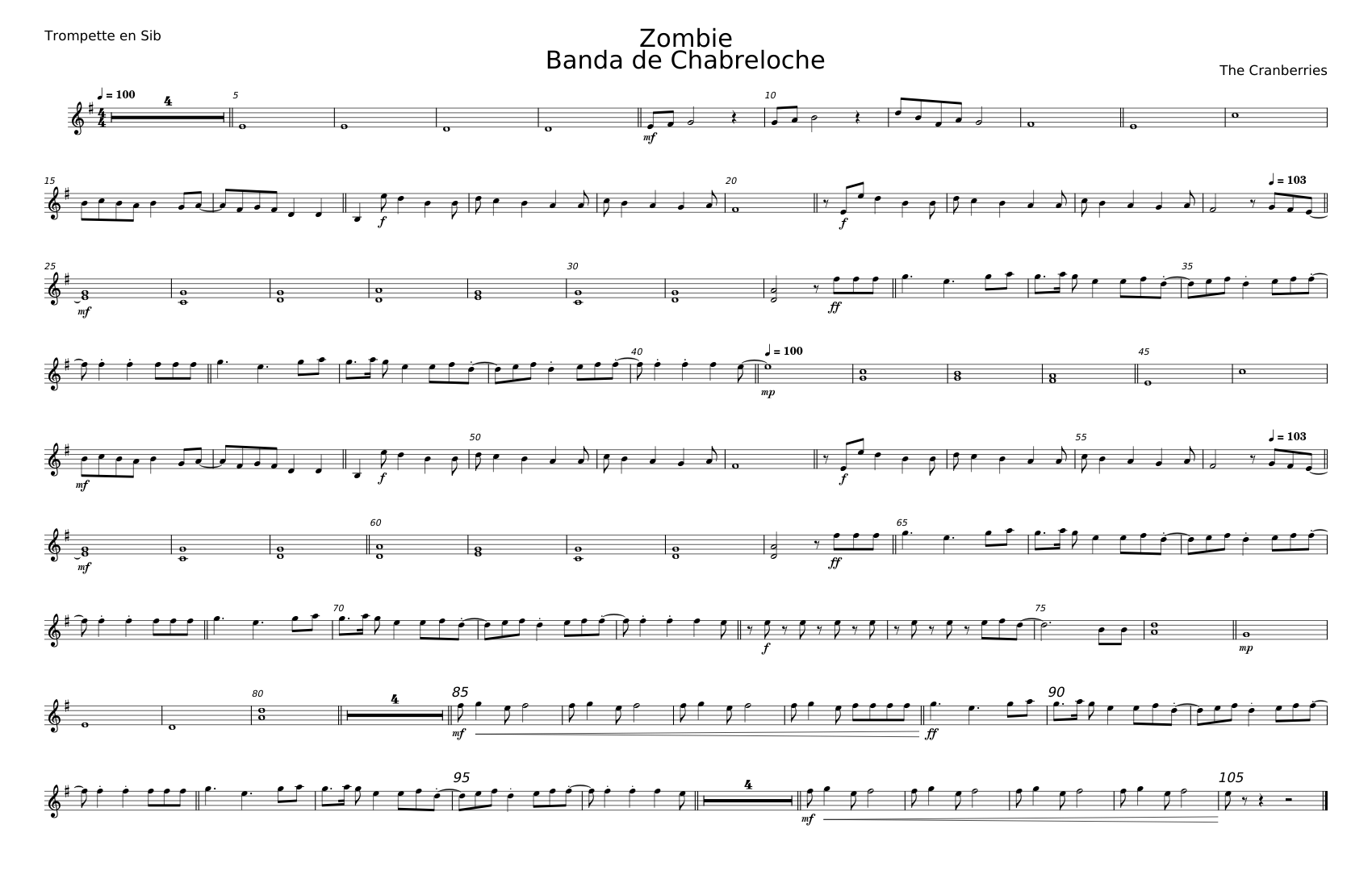 Zombie - The Cranberries Sheet Music for Trumpet in b-flat (Solo ...
