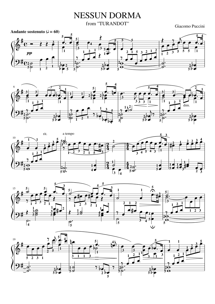 Nessun Dorma - Giacomo Puccini Sheet Music for Piano (Solo) | MuseScore.com