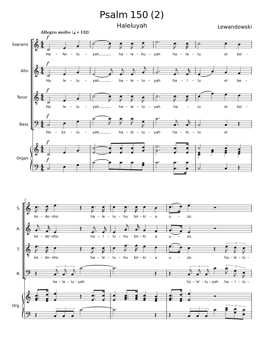Psalm 150 - Louis Lewandowski Sheet Music for Organ, Bass guitar ...