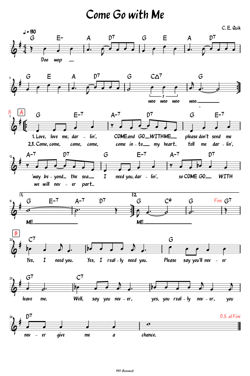 Come Go with Me (Lead sheet with lyrics ) Sheet Music with Chords for ...