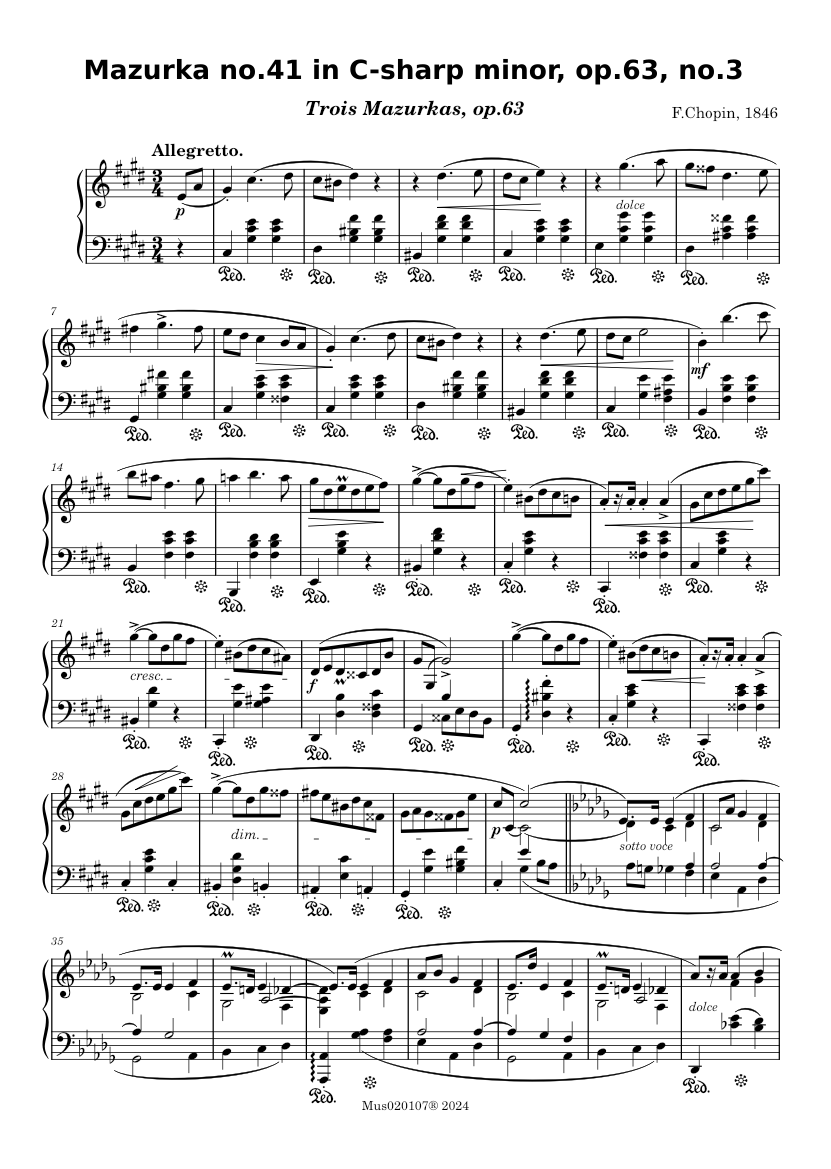 Chopin: Mazurka in C-sharp minor, op.63, no.3 Sheet Music for Piano (Solo) | MuseScore.com