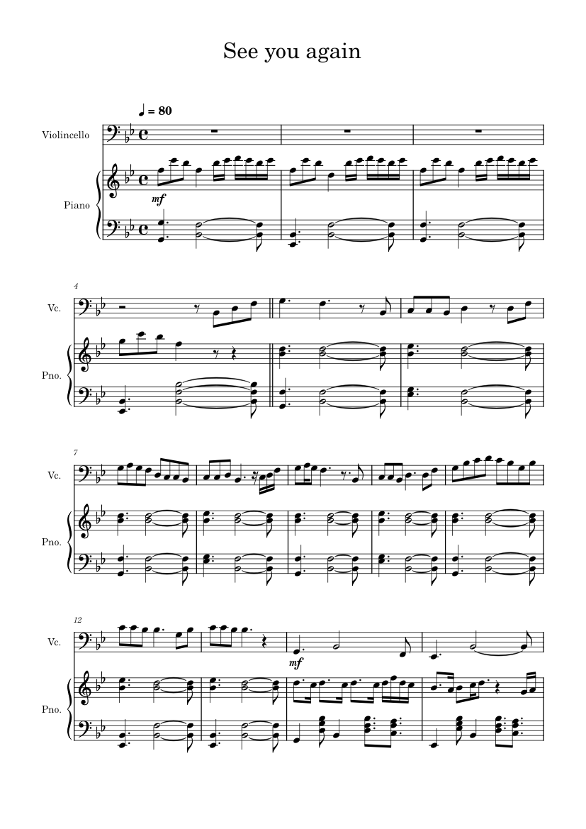 See you again – Wiz Khalifa Sheet Music for Piano, Cello (Solo ...