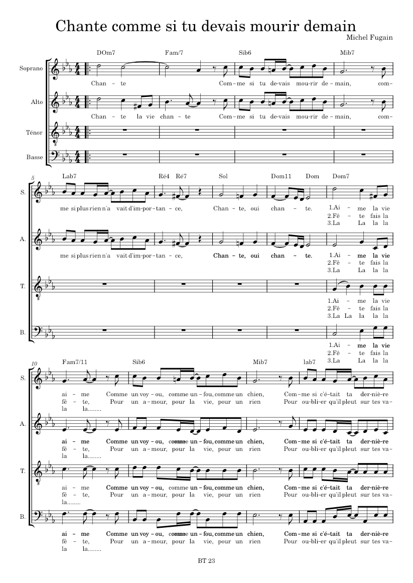 Chante comme si tu devais mourir demain Sheet music for Synthesizer ...