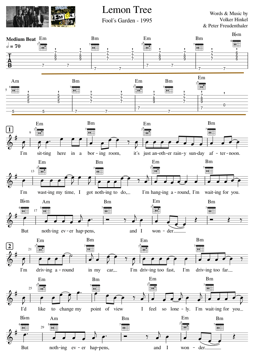 Lemon tree – Fool's Garden Sheet Music and Tab with Chords for Vocals ...