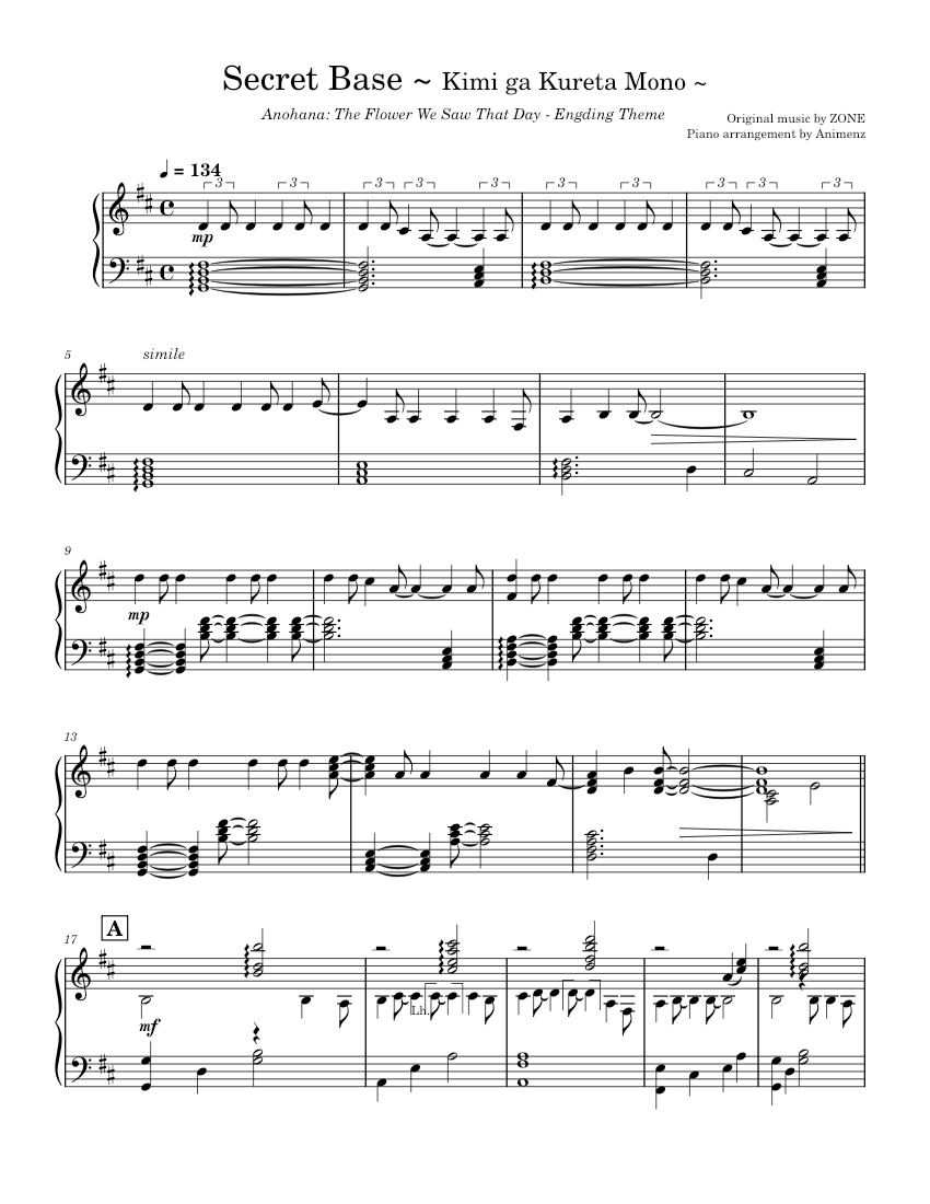 Anohana - secret base – Misc Cartoons Anohana - secret base Sheet music ...