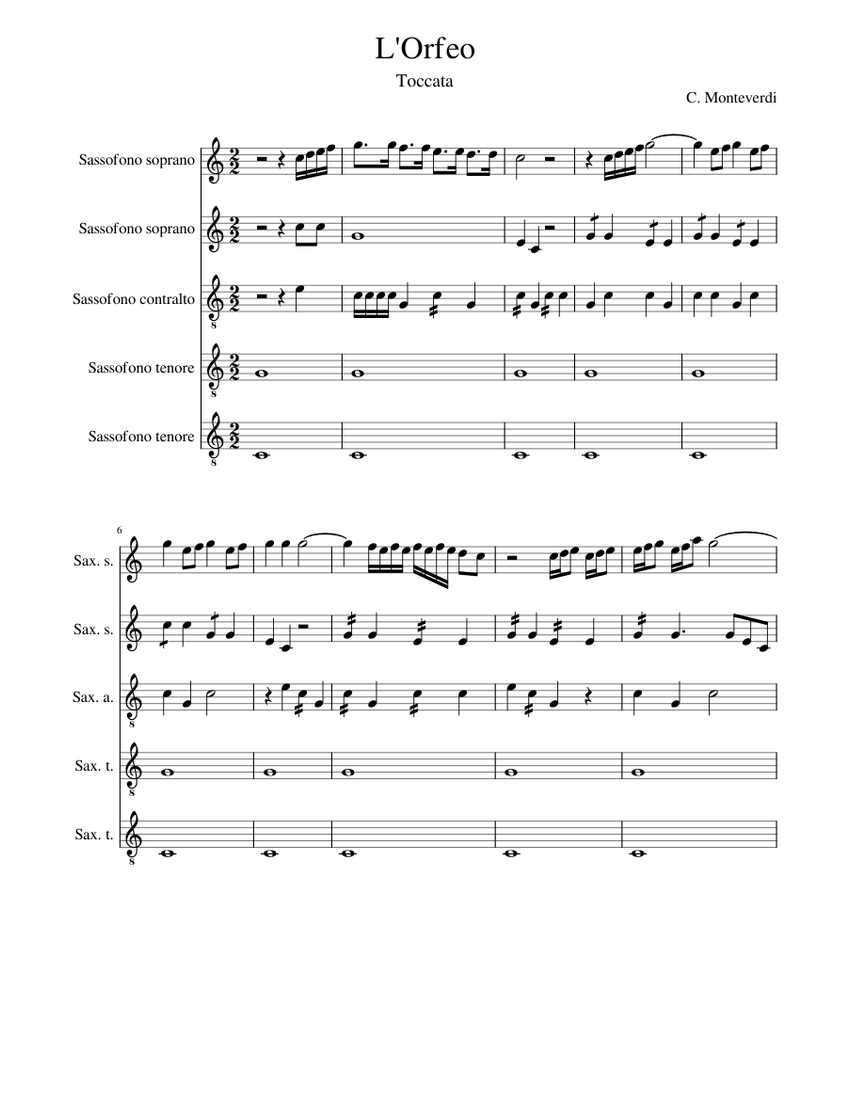 Monteverdi Claudio L'Orfeo (SV 318) Toccata for sax Sheet music for Saxophone alto, Saxophone ...