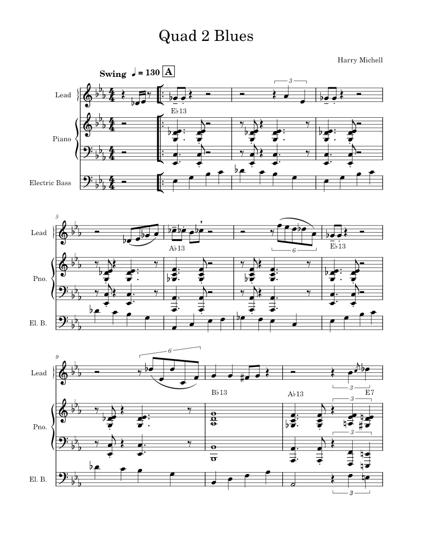 Quad 2 Blues Sheet music for Piano, Bass guitar (Jazz Band) | Musescore.com