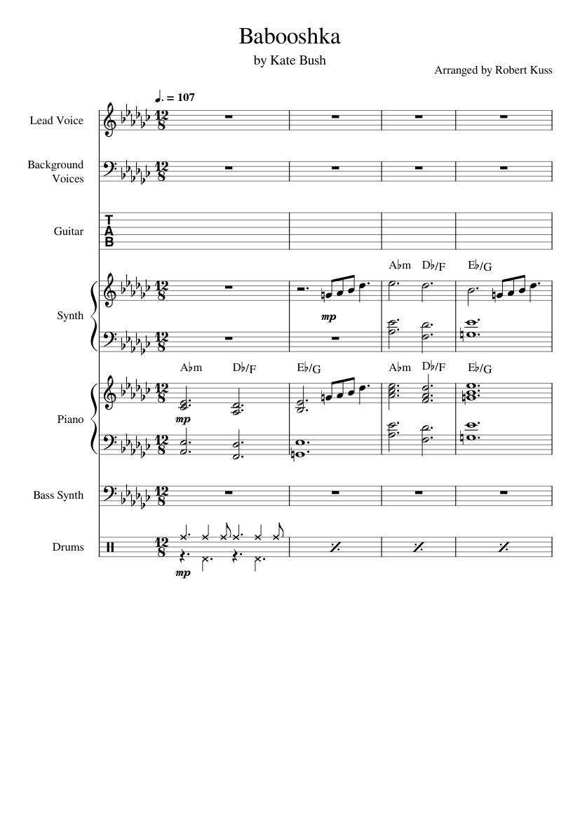 Babooshka – Kate Bush (Full Band Score) Sheet Music for Piano, Vocals ...