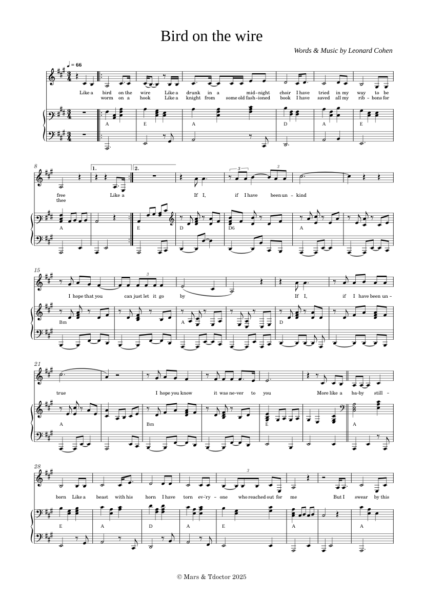 Bird on the wire – Leonard Cohen A Sheet music for Piano, Vocals (Piano ...