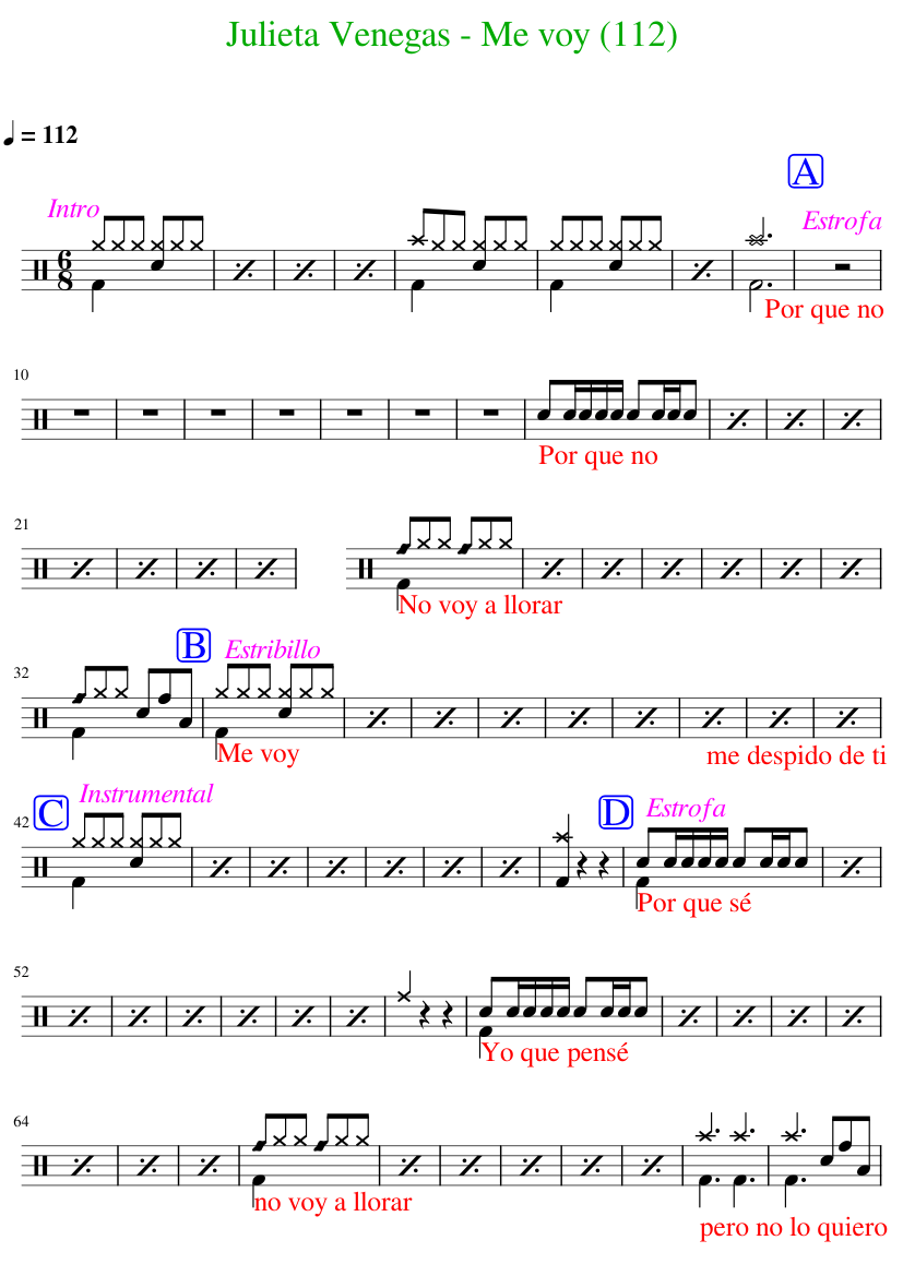Me voy – Julieta Venegas Sheet music for Drum group (Solo) | Musescore.com