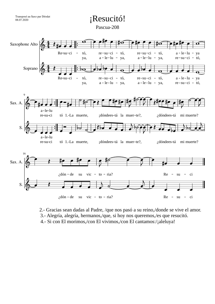 Resucito Sheet Music with Chords for Soprano, Saxophone alto (Mixed ...