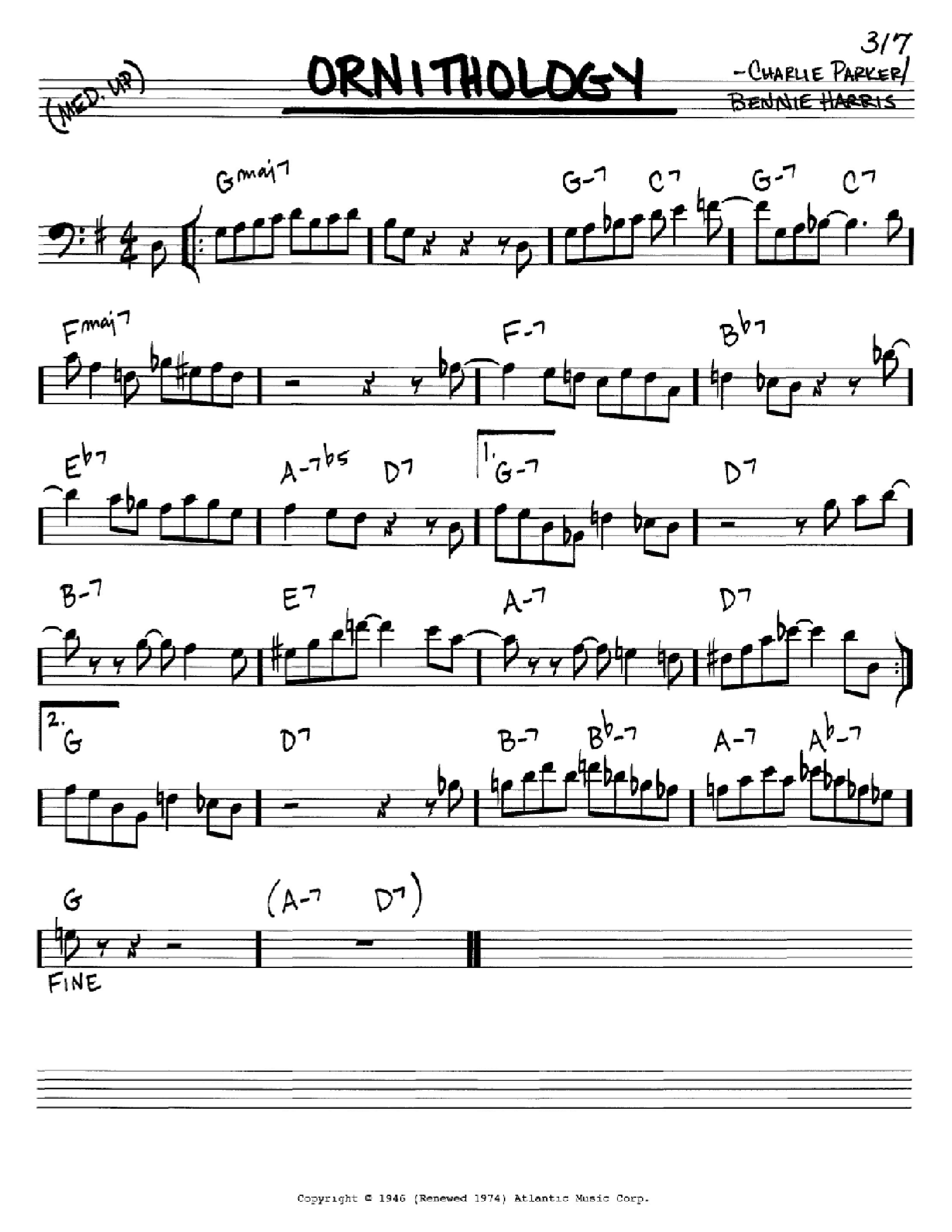 Play Official version of Ornithology Sheet Music by Charlie Parker for ...