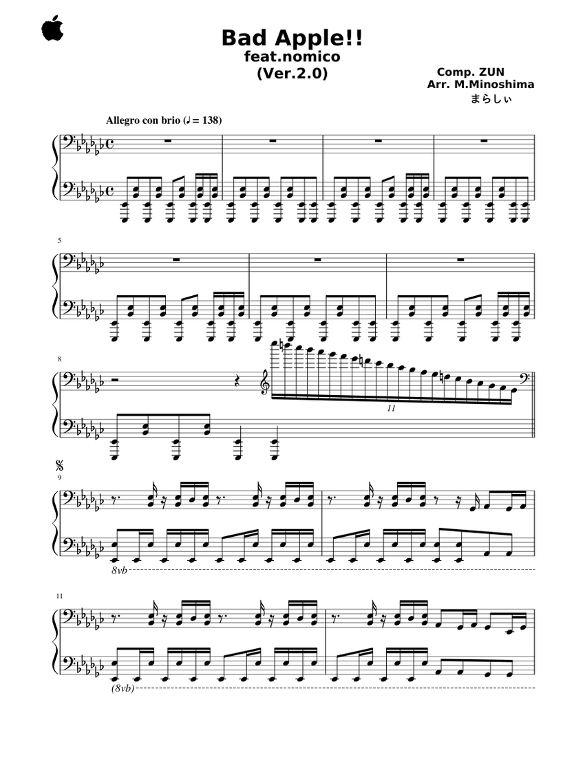 【東方】Bad Apple!! feat. nomico (Ver. 2.0) Sheet music for Piano (Solo ...