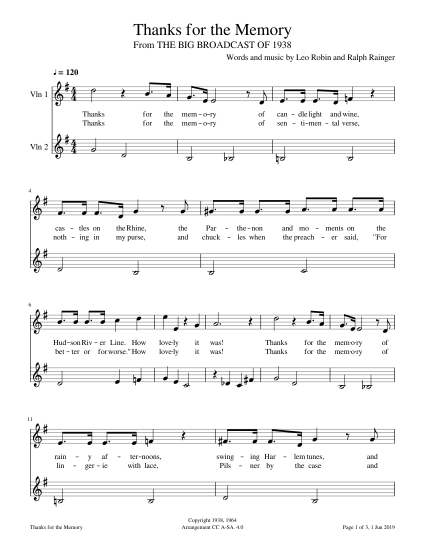 Thanks for the Memory Sheet music for Violin (String Duet) | Musescore.com