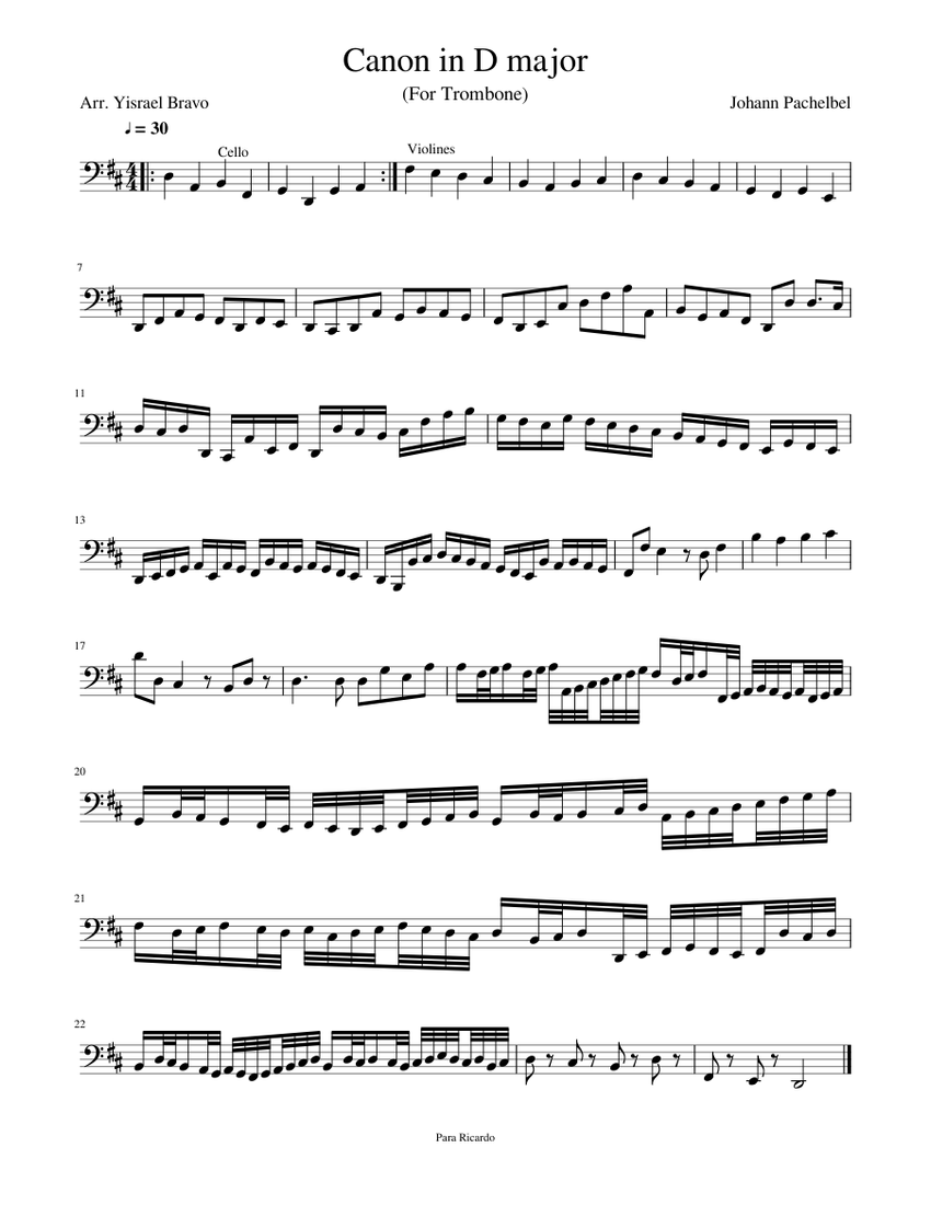 Canon in D major (For trombone) Sheet music for Trombone (Solo ...