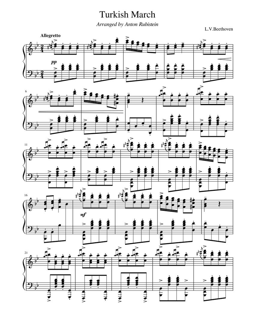 Turkish March - Beethoven (Arr. by Anton Rubistein) Sheet music for ...