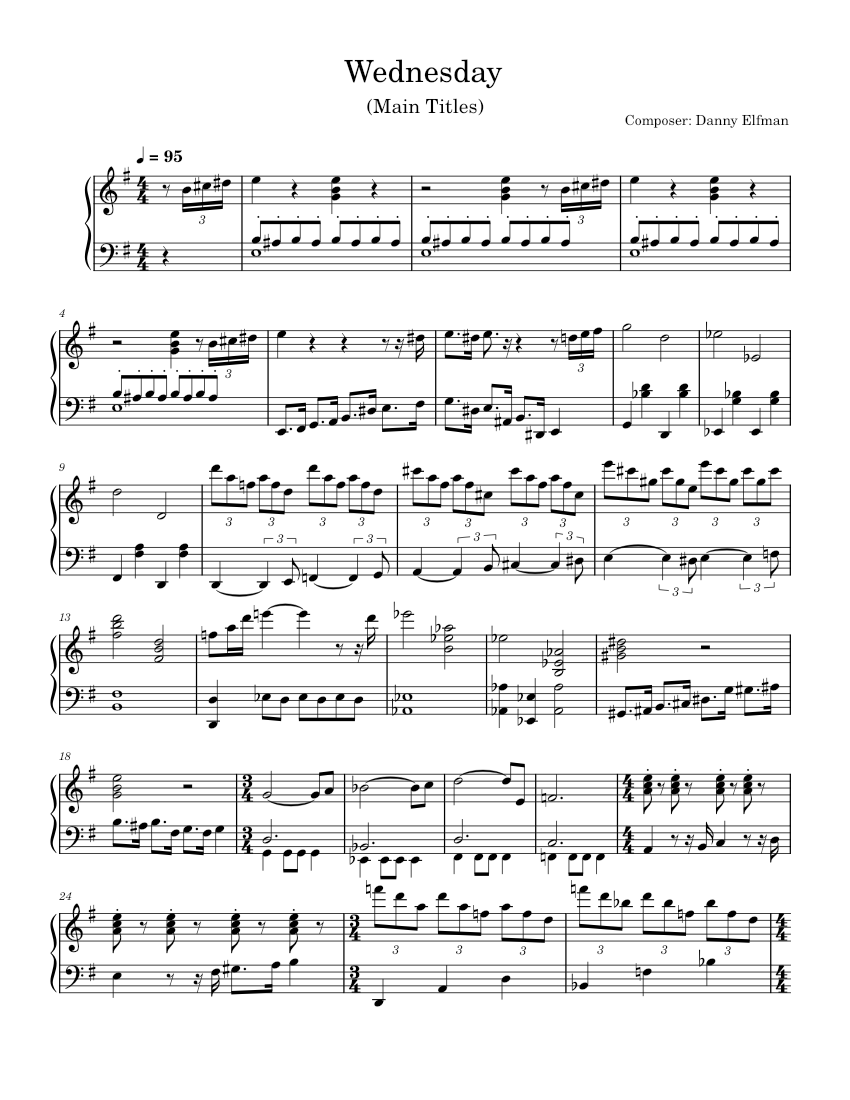 Wednesday Main Titles – Danny Elfman Sheet Music for Piano (Solo ...
