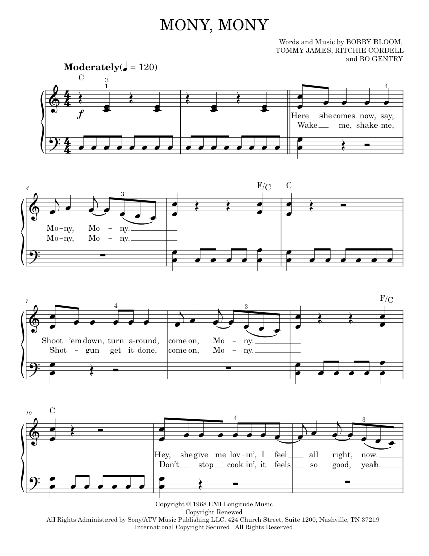 Play Official version of Mony mony Sheet Music by Billy Idol for Piano ...