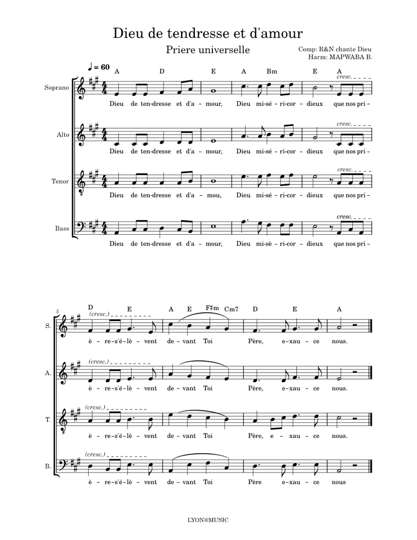 Dieu de tendresse et d'amour Sheet music for Soprano, Alto, Tenor, Bass voice (SATB) | Musescore.com