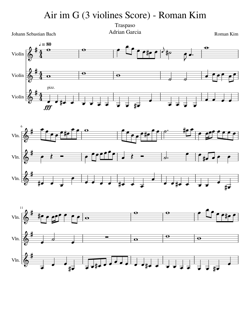 Air im G of Bach 3 violines Score - Roman Kim Sheet music for Violin ...