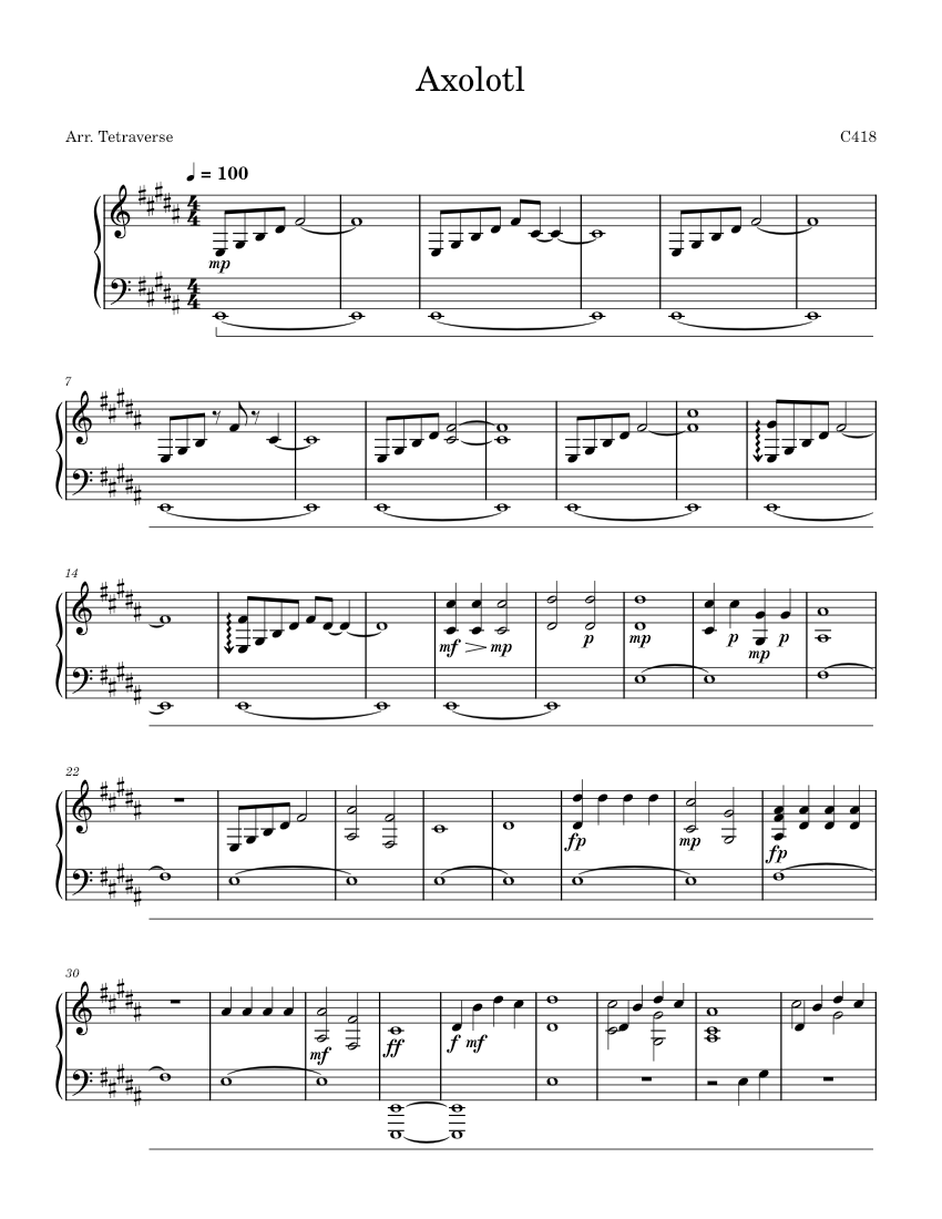 C418 - Axolotl (Piano Arrangement) Sheet Music for Piano (Solo) Easy ...