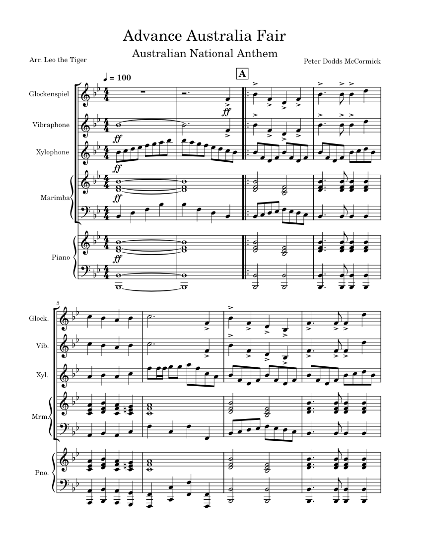 Advance Australia Fair (Leo's Arrangement) Sheet Music for Piano ...