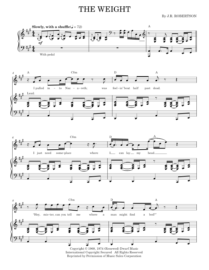 the weight Sheet music for Piano, Vocals by The Band Official ...