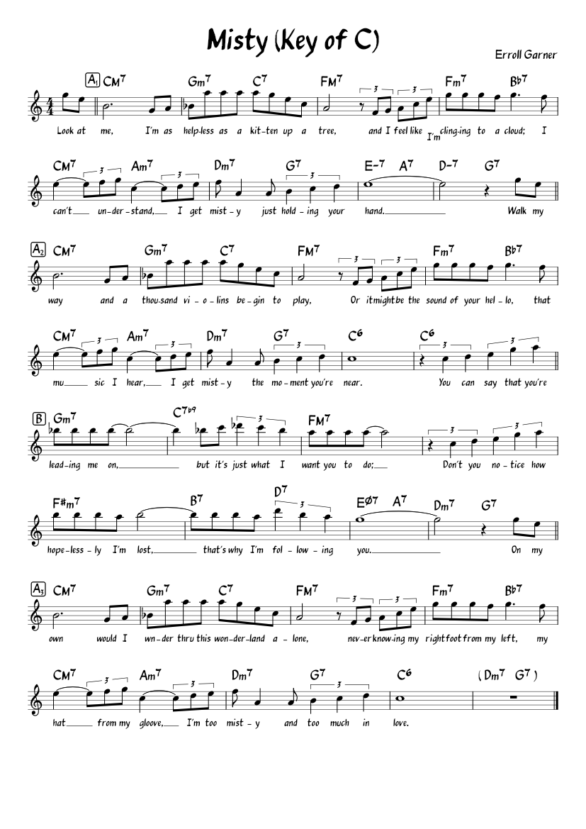 Misty – Key of C Sheet Music with Chords for Piano (Solo) easy ...