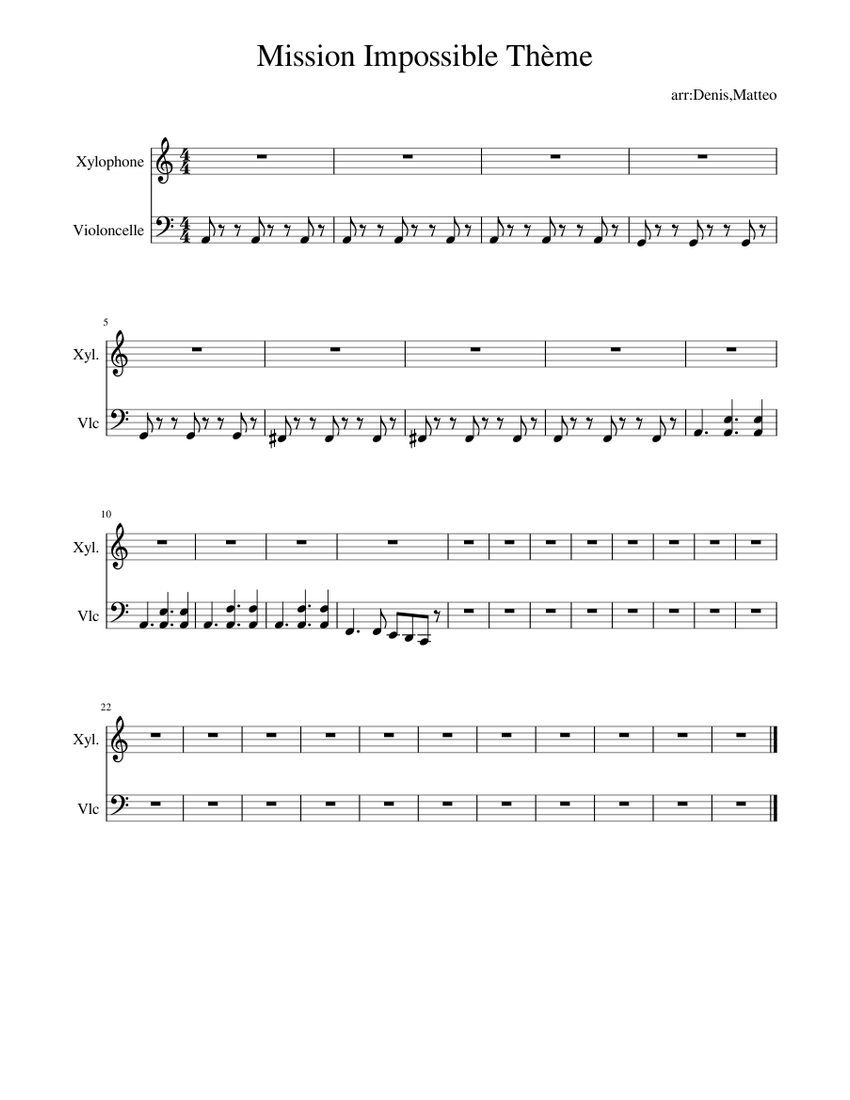 Mission Impossible Thème Sheet music for Cello, Xylophone (Mixed Duet ...