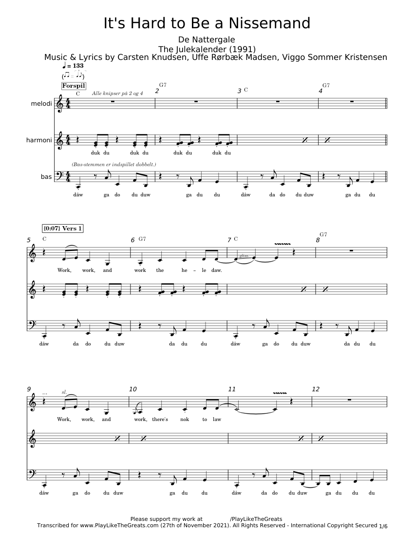 Its Hard to Be a Nissemand - De Nattergale Sheet Music for Piano, Bass ...