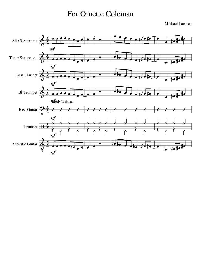 For Ornette Coleman Sheet music for Clarinet bass, Saxophone alto ...